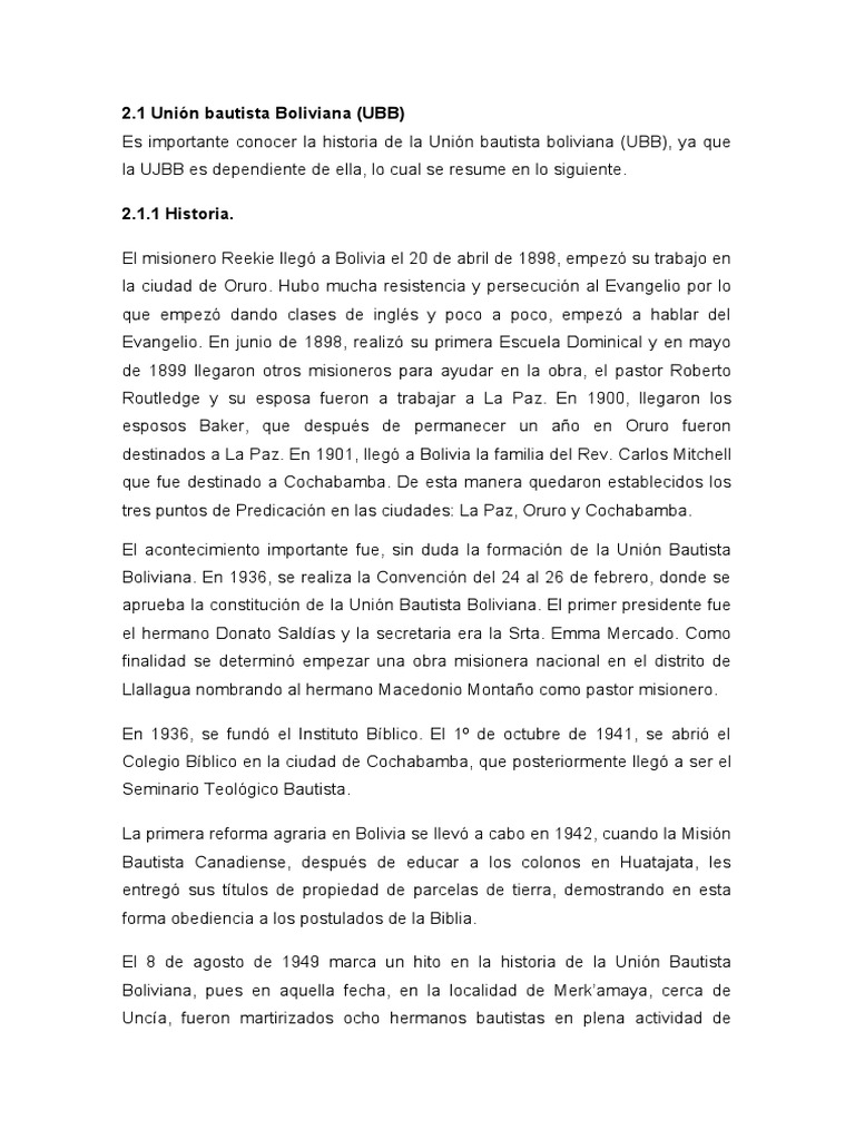 Historia UJBB | PDF | Bolivia | Bautistas