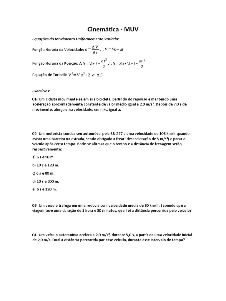 MUV equações movimento uniformemente variado | PDF | Velocidade ...
