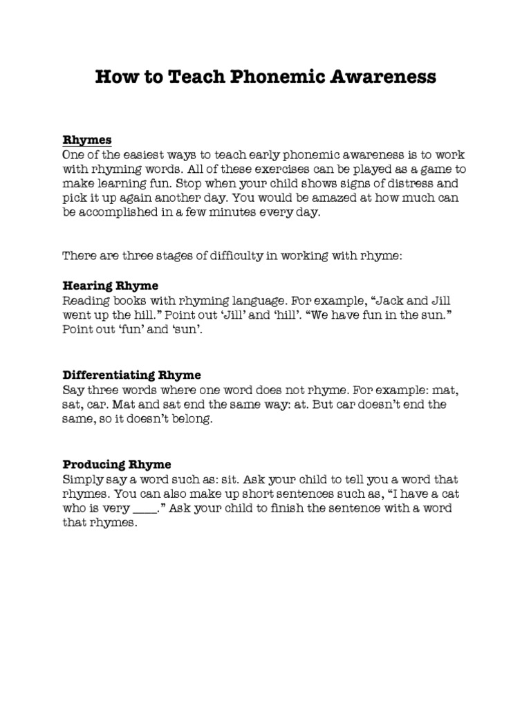 Teaching Rhymes for Phonemic Awareness | PDF | Syllable | Word