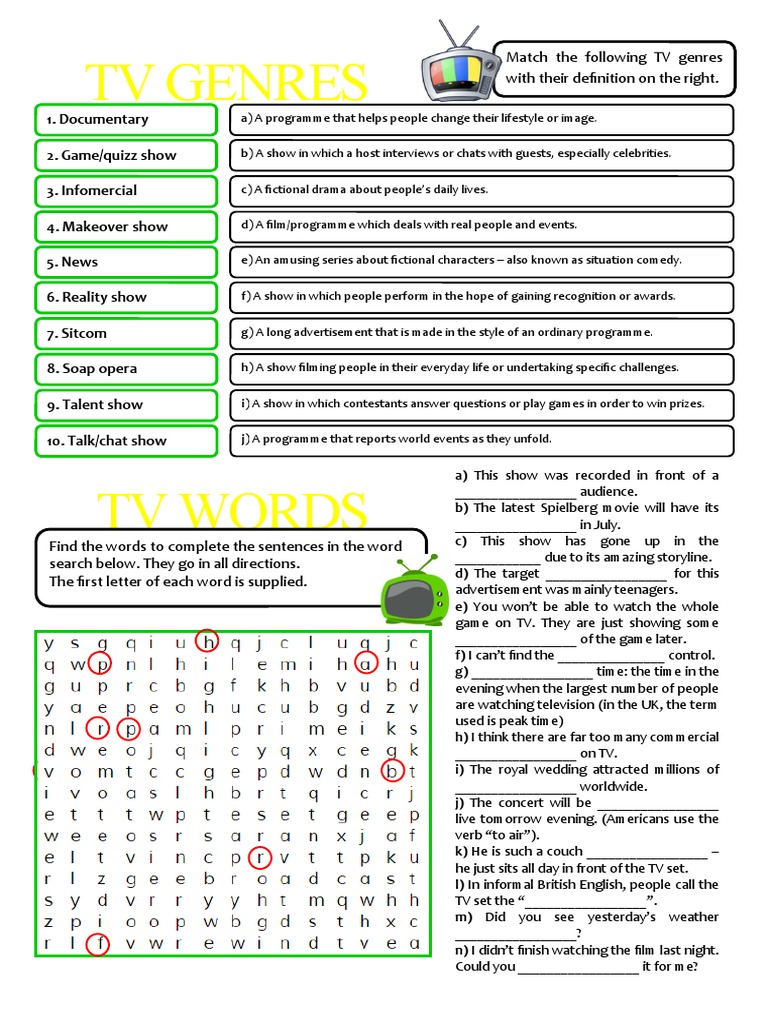 TV Genres Match and TV Crosswords W Keys | PDF | Television | Prime Time