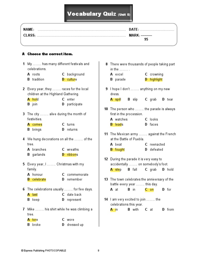 Vocabulary Quiz: (Unit 5) | PDF