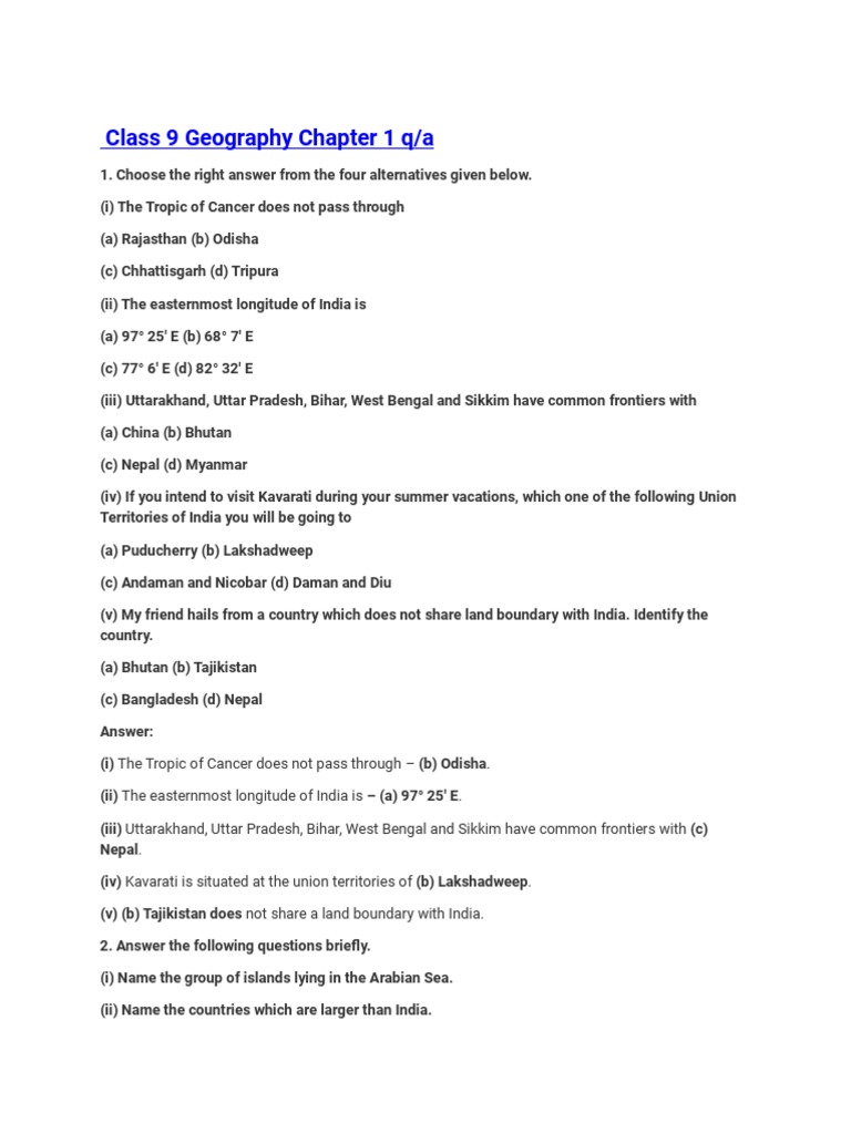 Class 9 Geography Chapter 1 Q&A | PDF | Indian Ocean | Asia