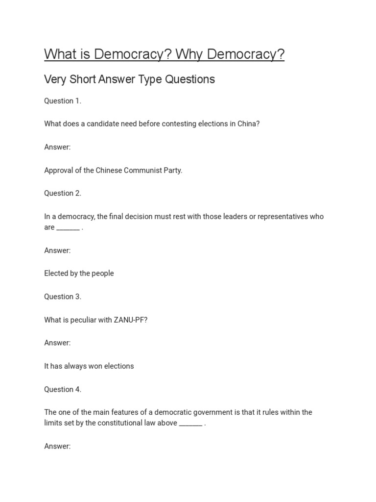 What Is Democracy? Why Democracy?: Very Short Answer Type Questions ...