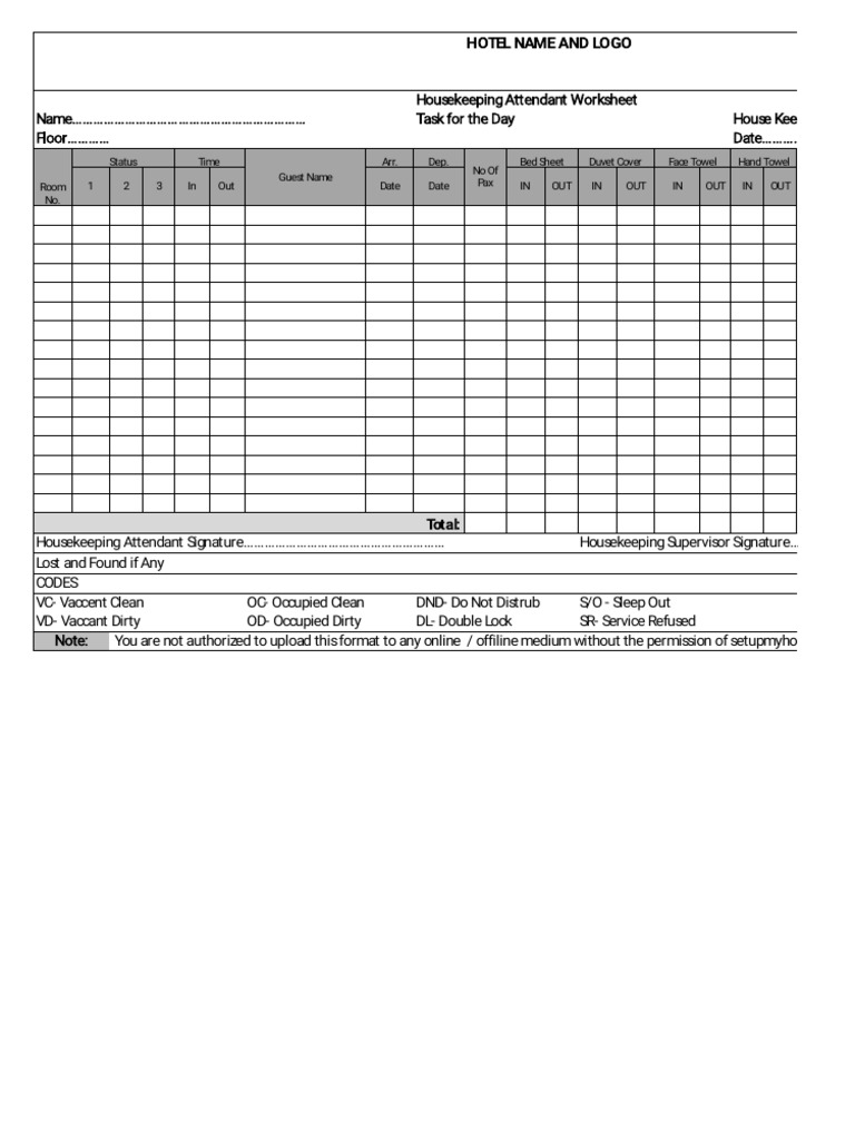 Housekeeping Attendant Daily Worksheet | PDF