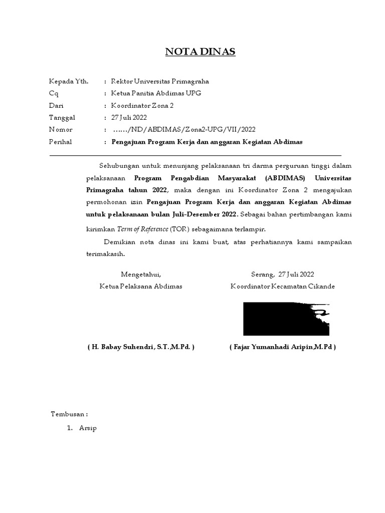 Format Nota Dinas Dan Tor Abdimas Zona | PDF