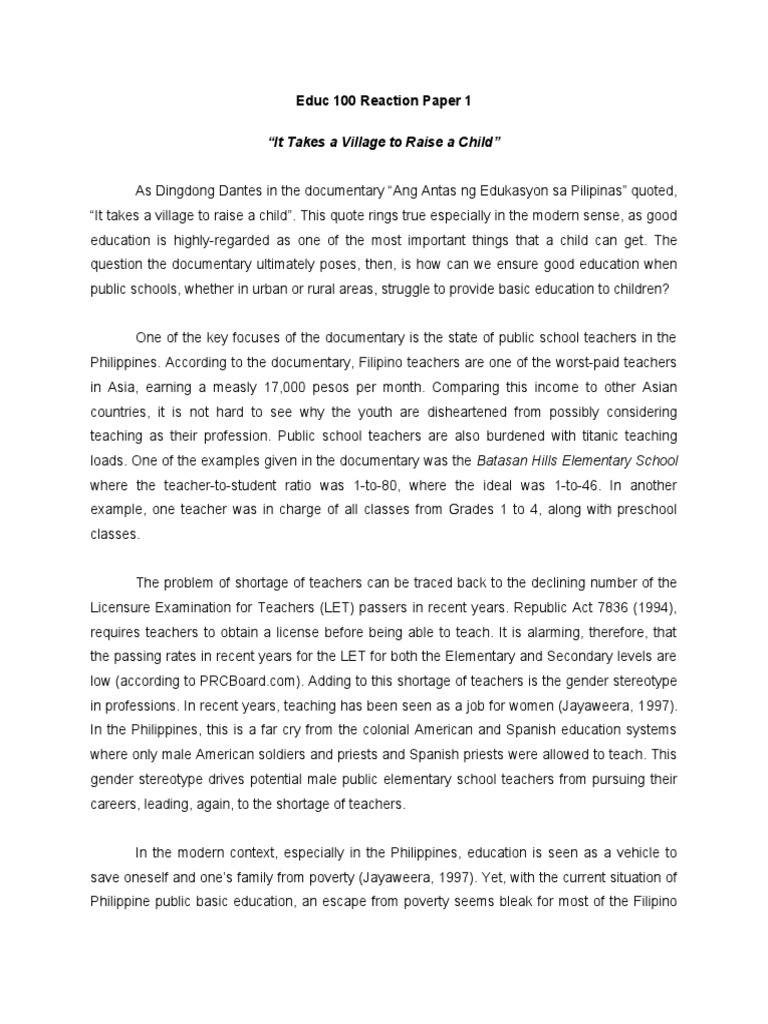 Educ 100 Reaction Paper 1 | PDF | Teachers | Schools