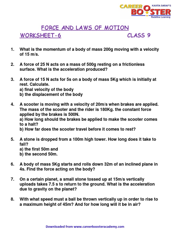 Class 9_Science_Force and Laws of Motion_WORKSHEET (6) | PDF | Weight ...