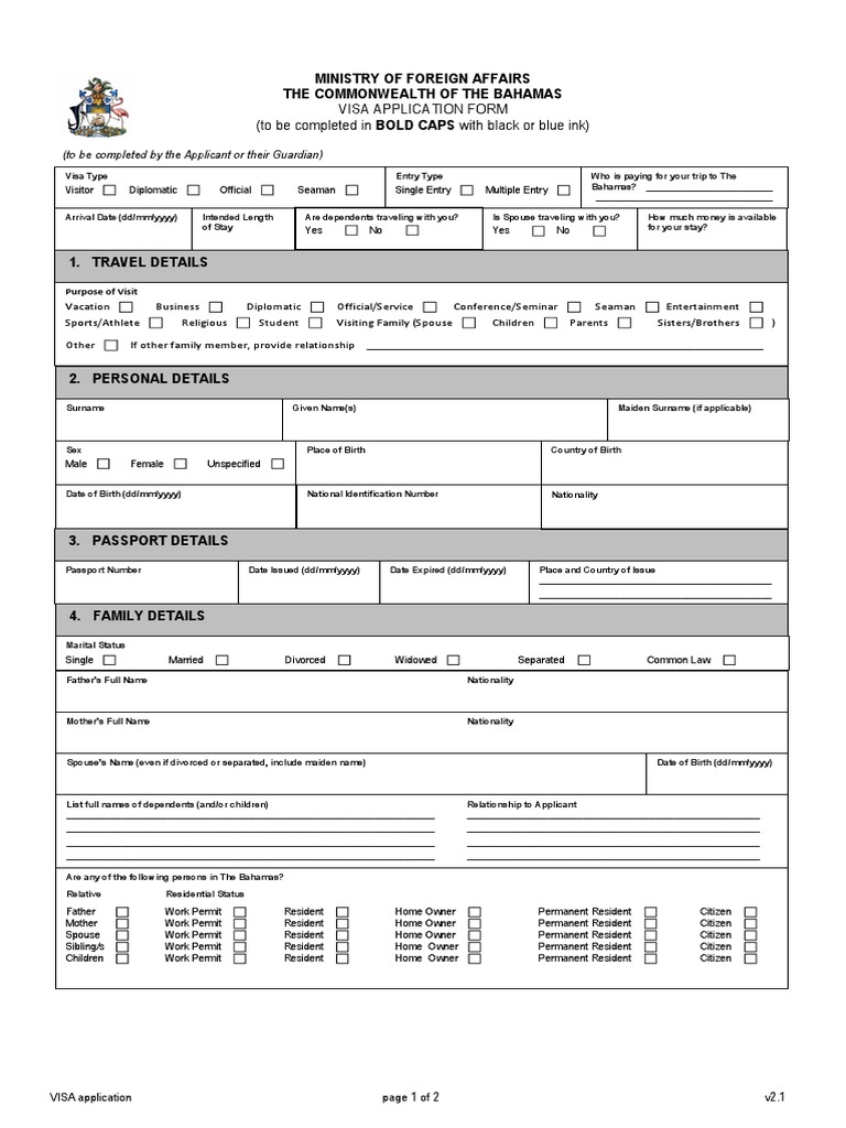 Visa Application Form (To Be Completed in BOLD CAPS With Black or Blue ...