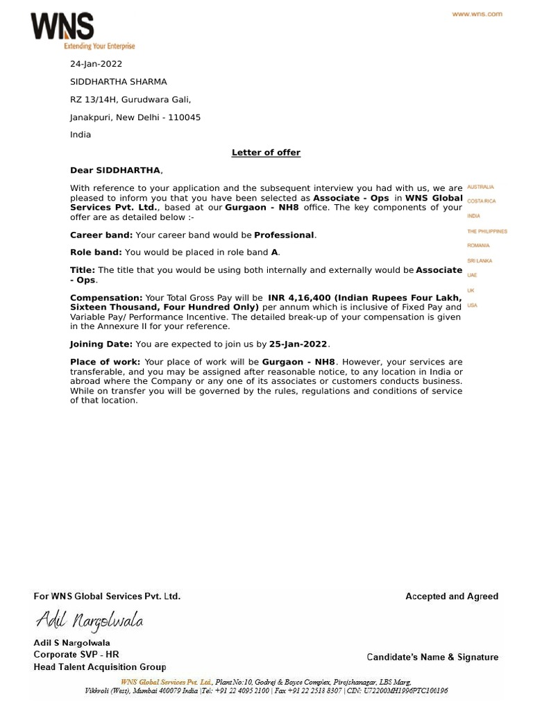 WNS offer letter details | PDF | Salary | Identity Document