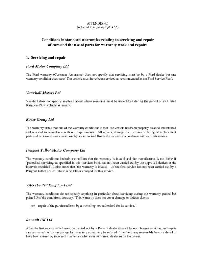 Conditions in Standard Warranties Relating To Servicing and Repair of ...