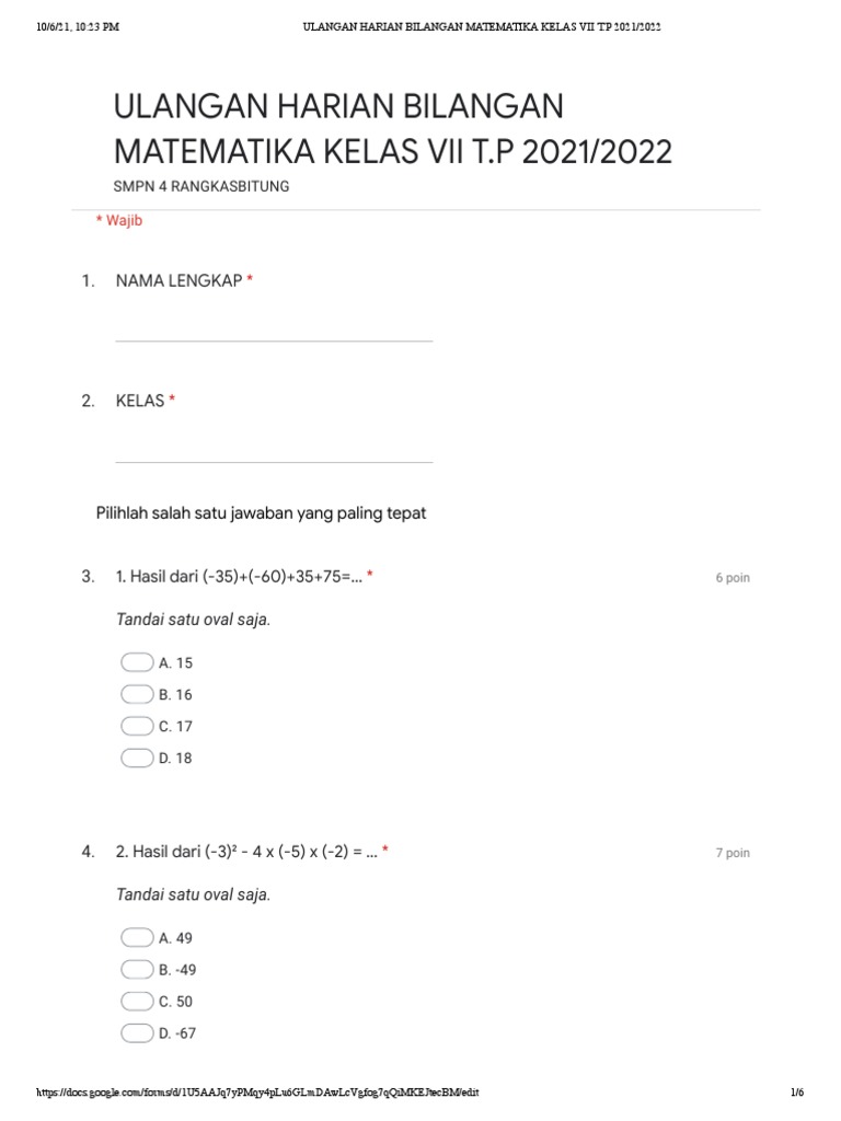 UH MATEMATIKA KELAS 7 - Google Formulir | PDF