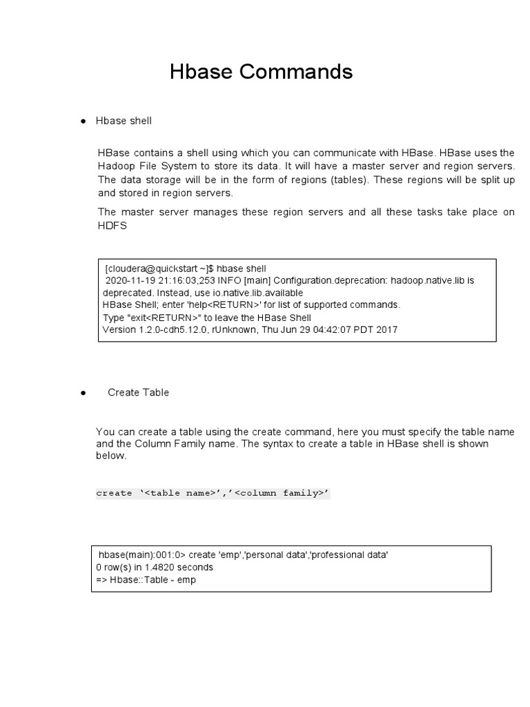 Hbase Commands: Create ',' ' | PDF | Apache Hadoop | Computing