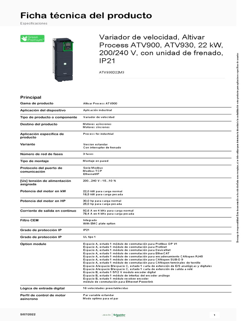 Variador de Velocidad ATV930 22kW | PDF | Impedancia eléctrica | Relé