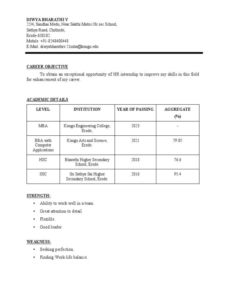 Diwya Bharathi V Resume | PDF
