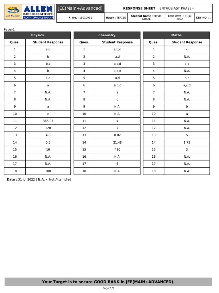 Physics Chemistry Maths: Ques. Student Response Ques. Student Response Ques. Student Response | PDF