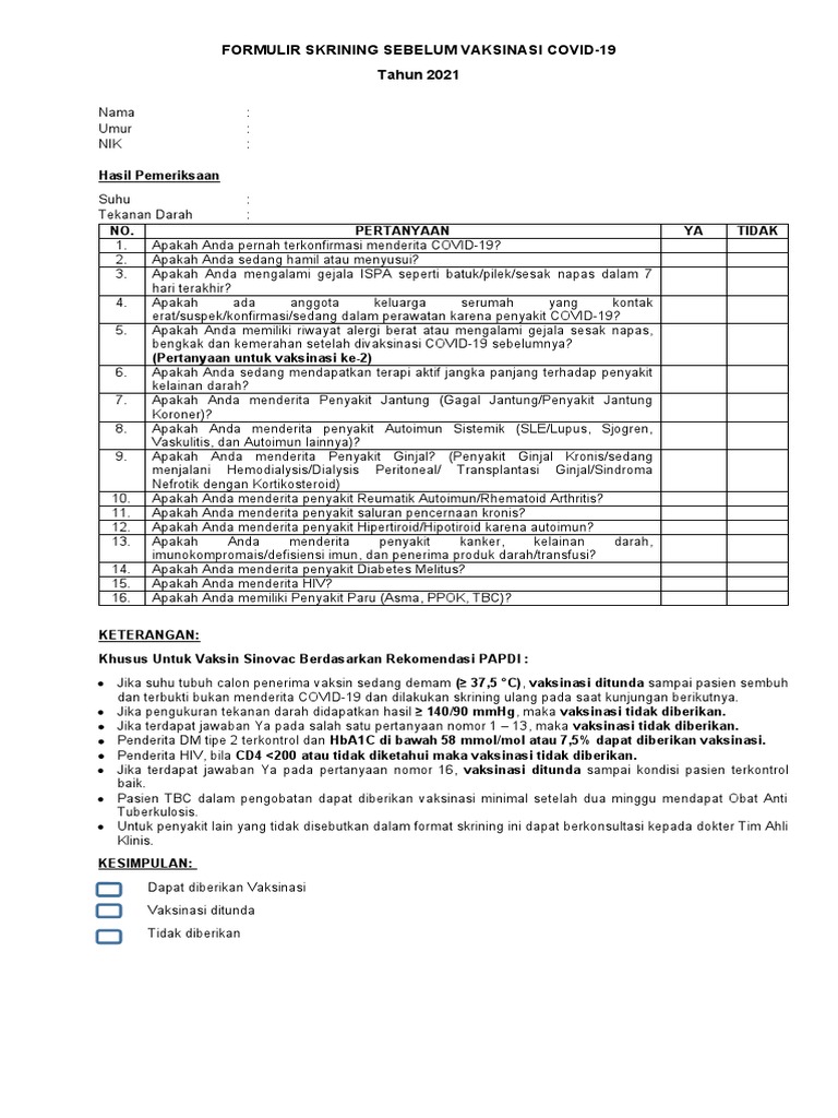 Form Skrining Vaksin Covid-19 | PDF