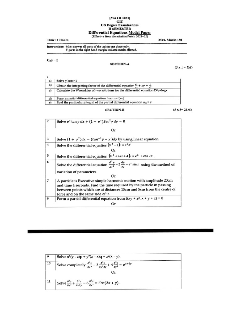 Differential Equations Model Paper | PDF | Differential Equations ...