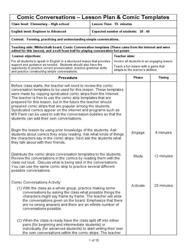 Comic Conversation Lesson - Lesson Plan and Activity Worksheets ...