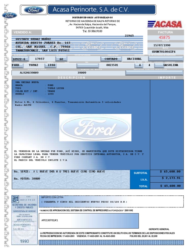 Factura Topaz 1990 | PDF | Coche | Vehículos
