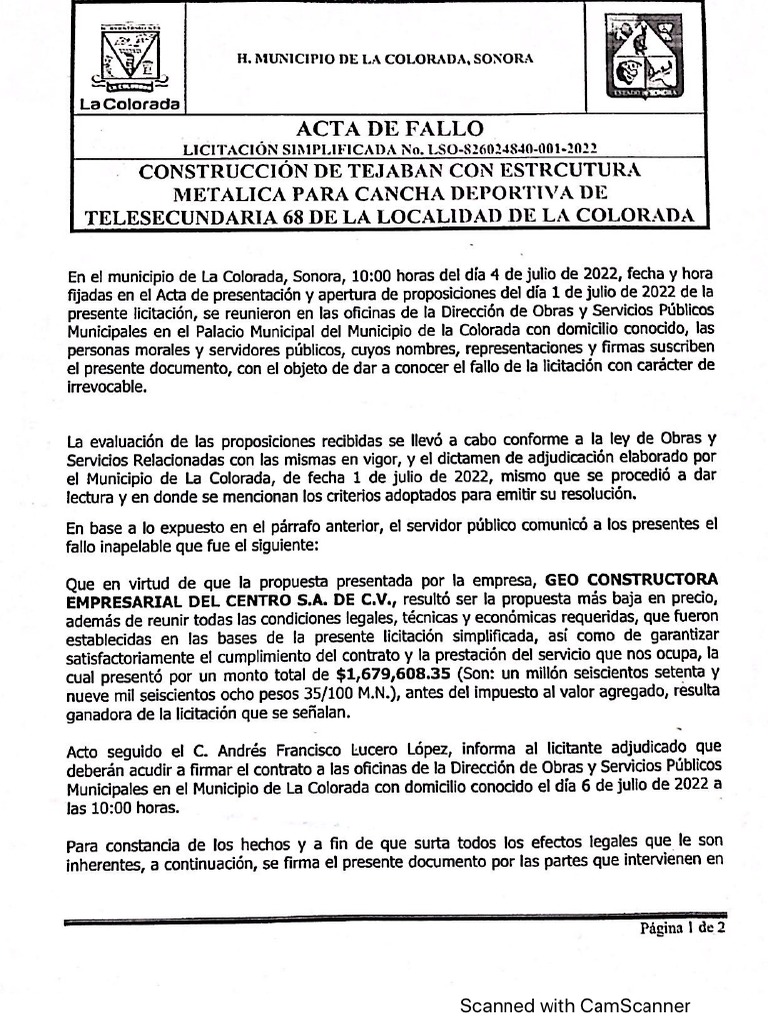 Acta de Fallo Licitacion | PDF