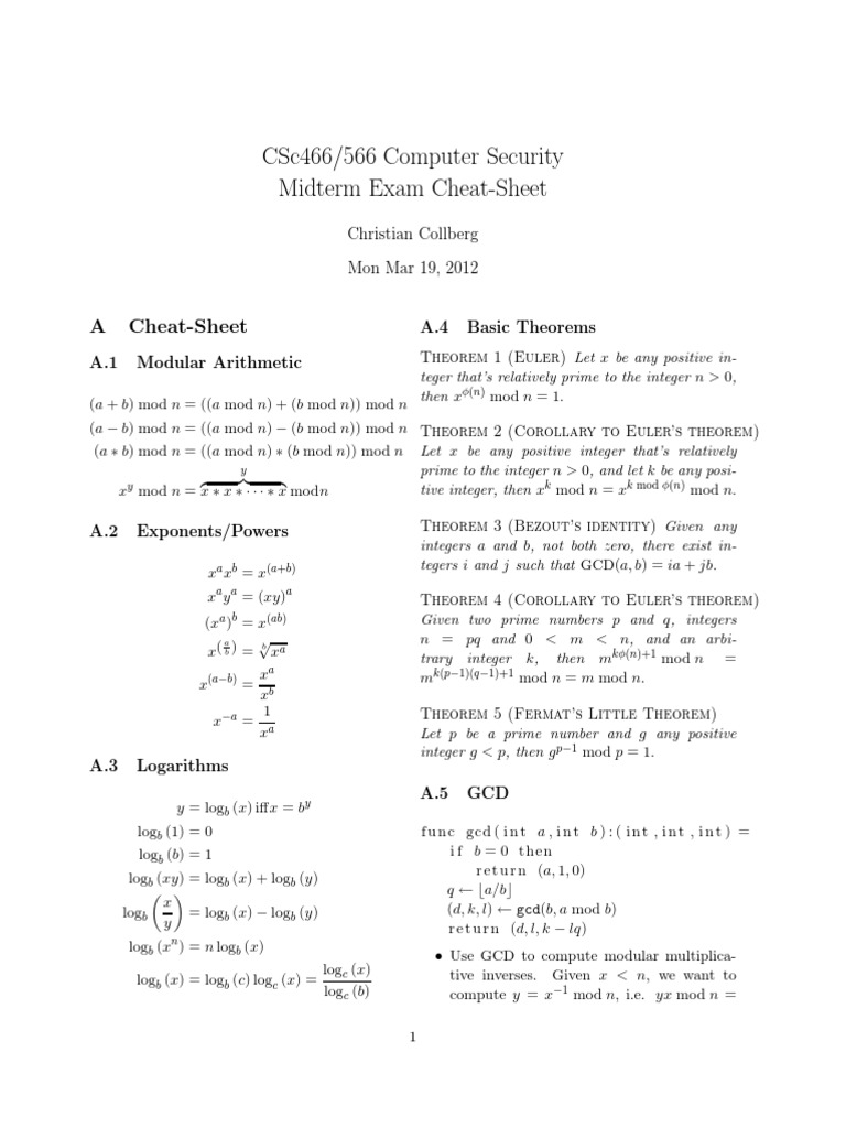 Csc466/566 Computer Security Midterm Exam Cheat-Sheet | PDF | Public Key Cryptography | Cryptography