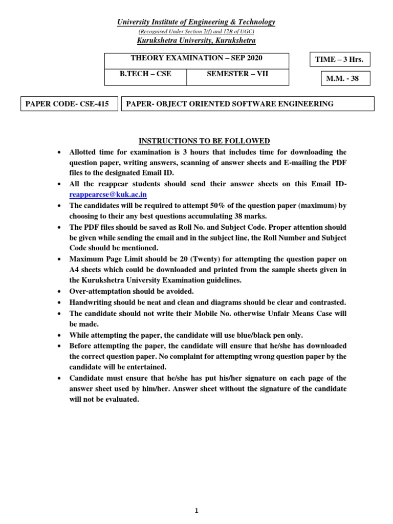 KUK CSE VII Sem Exam Paper - OOSD | PDF | Class (Computer Programming ...