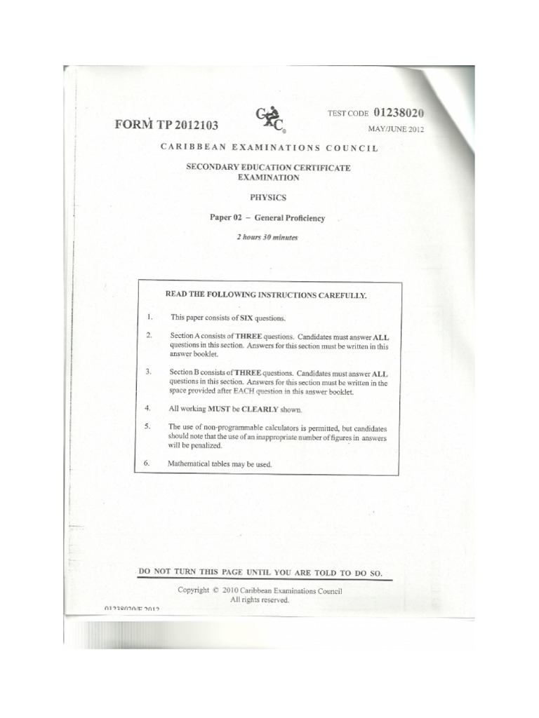 Physics CXC p2 2012 | PDF