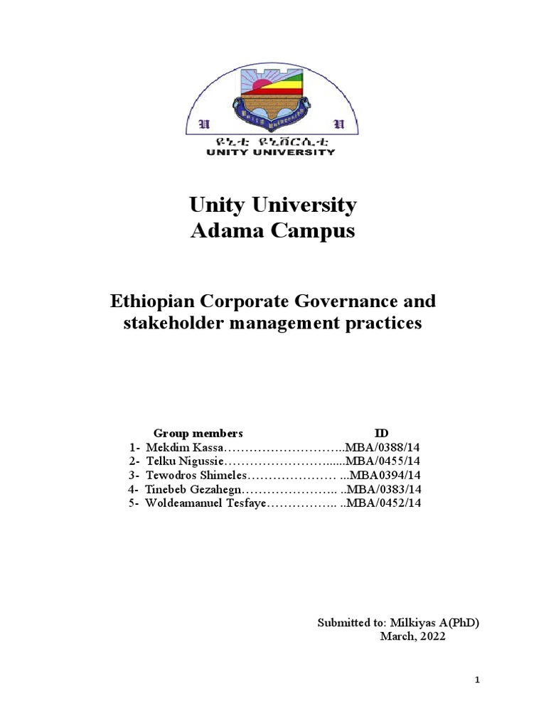 Unity University Adama Campus: Ethiopian Corporate Governance and ...