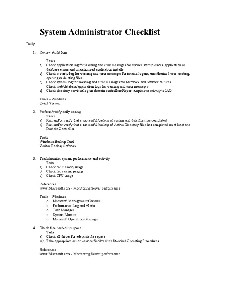 System Administrator Checklist | PDF