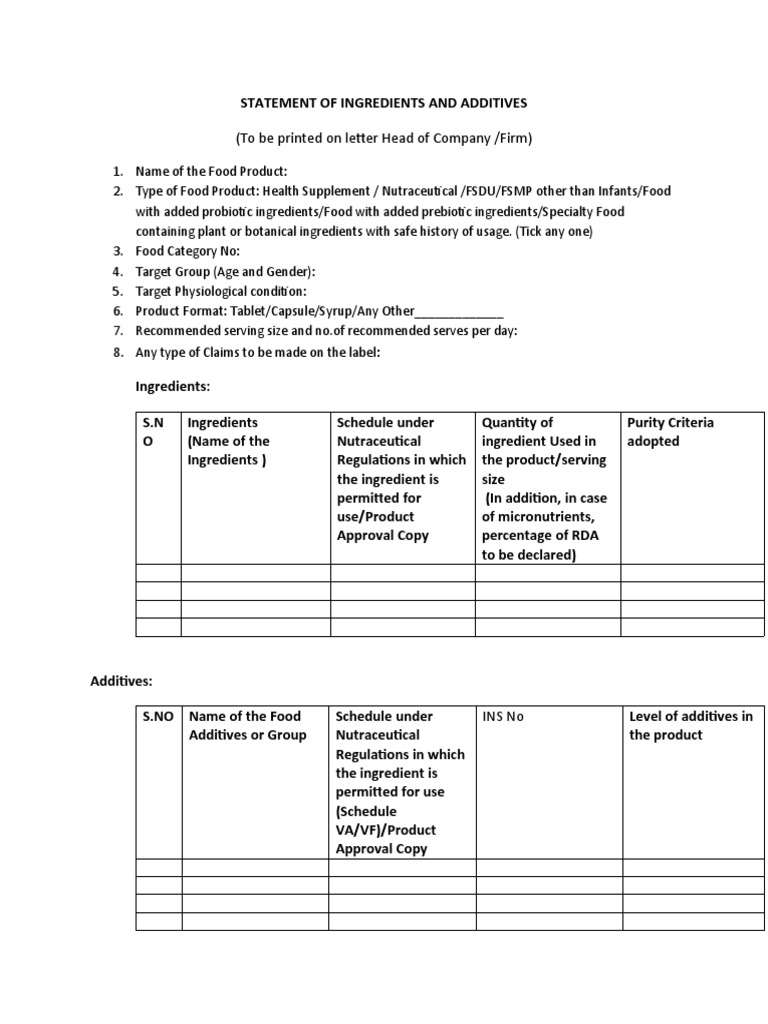 Food Supplements - Product Statement Format | PDF | Nutraceutical ...