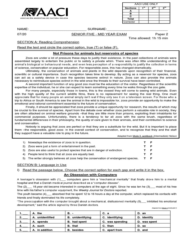 Senior 5 Mid Year Test 2020 P2 | PDF | Zoo | Conservation Biology