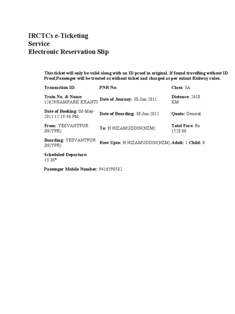 Irctc: Irctcs E-Ticketing Service Electronic Reservation Slip | Download Free PDF | Identity ...