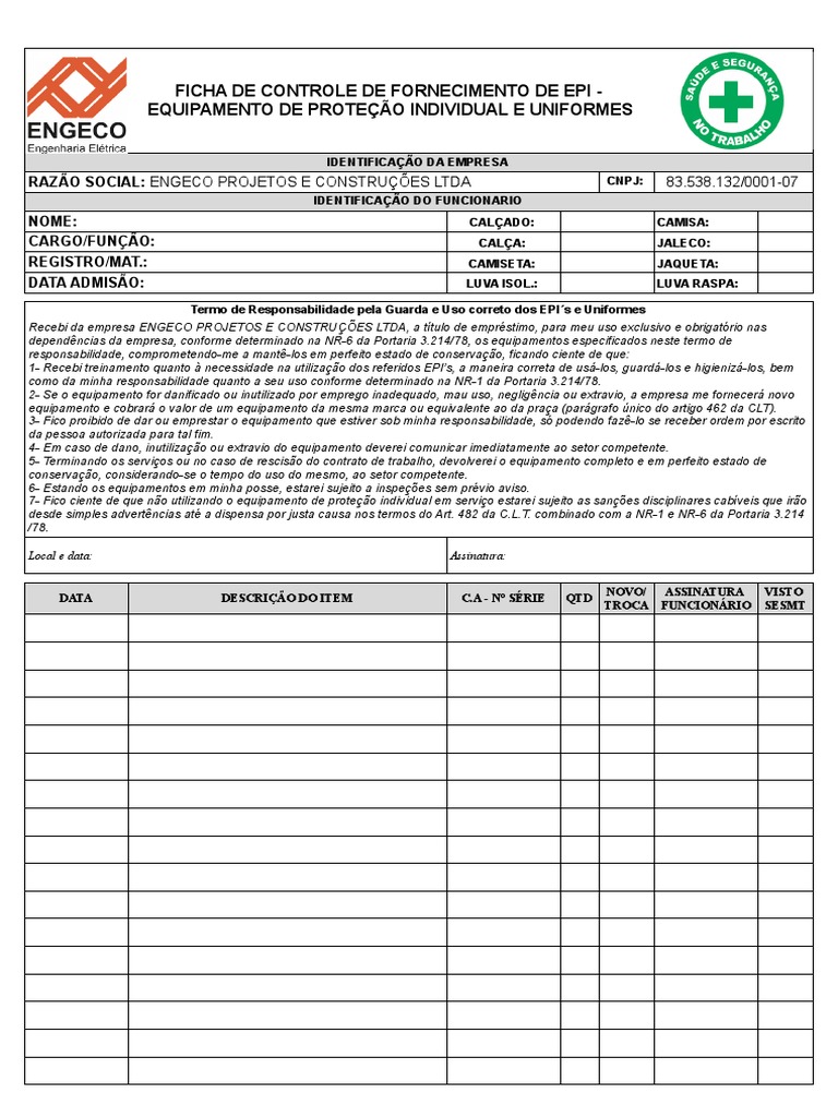 Ficha Epi em Branco | PDF