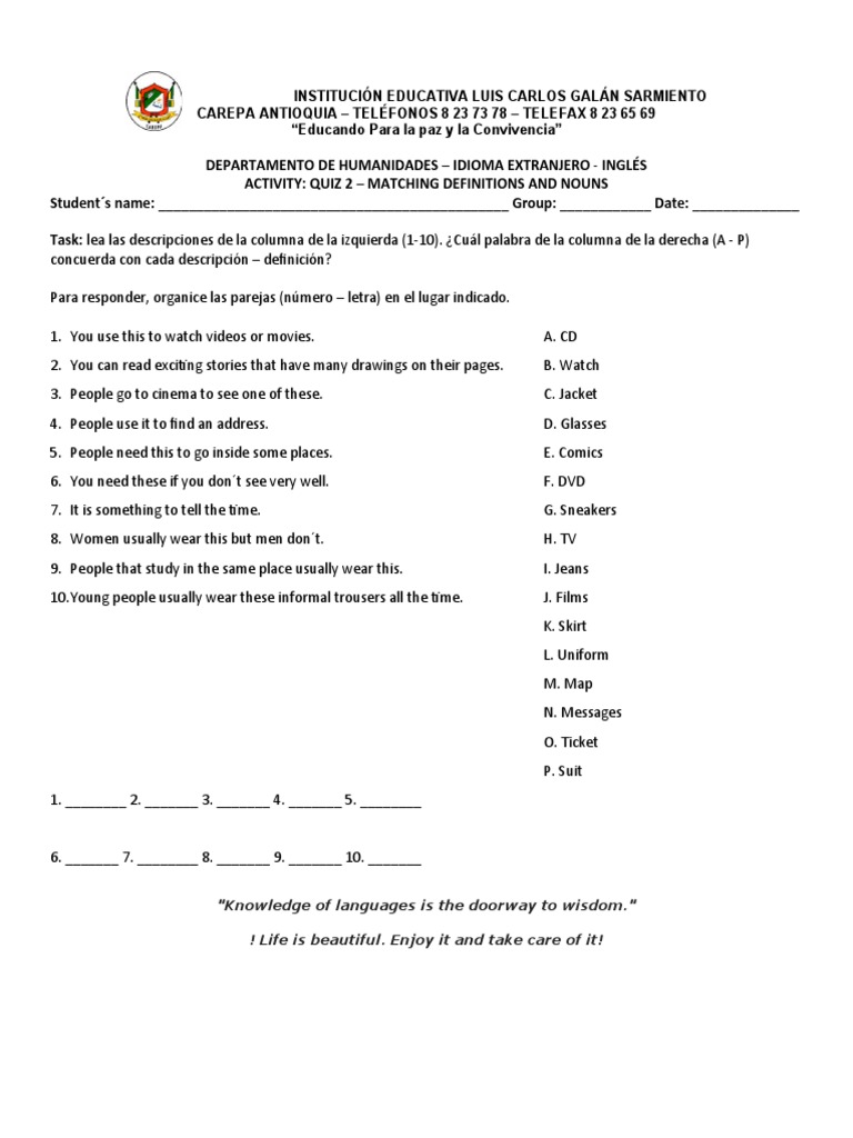 Quiz 2 - Matching Definitions and Nouns | PDF