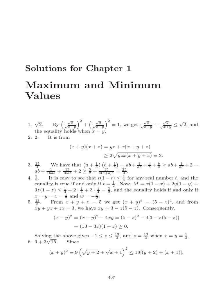 Maximum and Minimum Values: Solutions For Chapter 1 | PDF | Mean ...