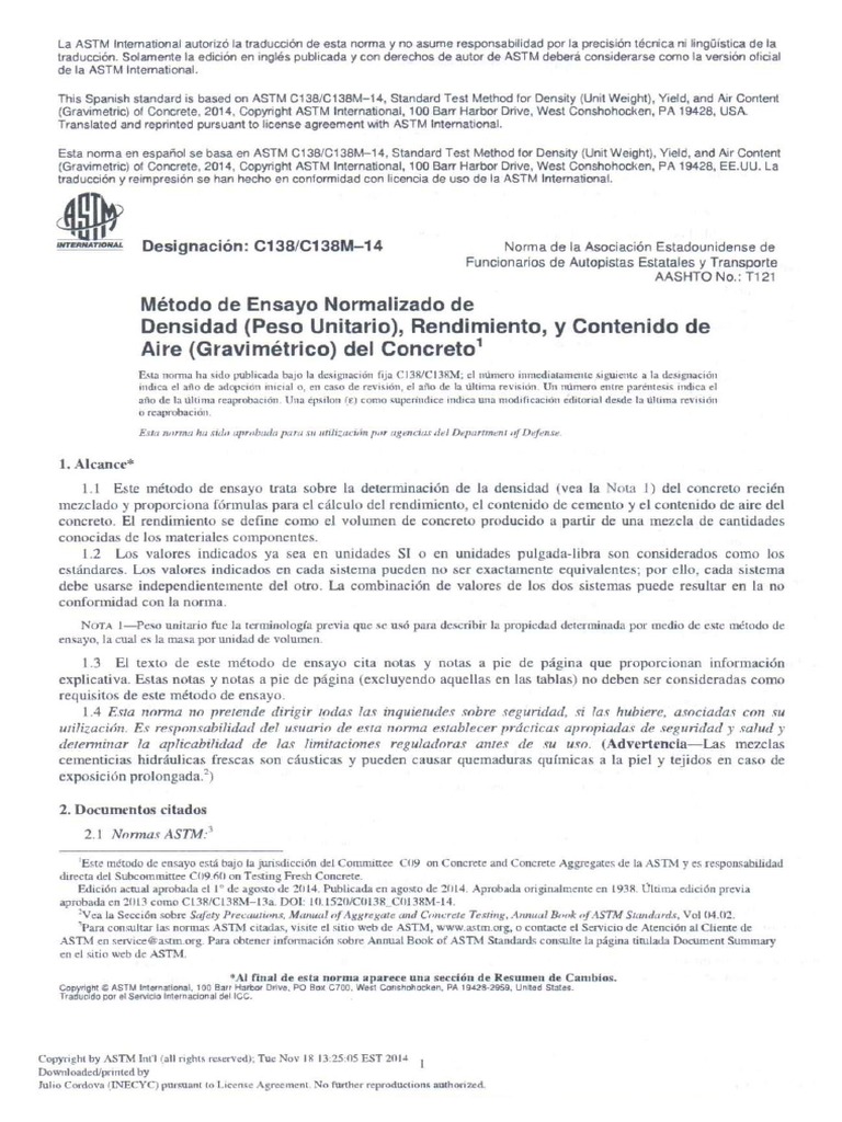 Astm C138-14 Densidad (Peso Unitario), Rendimiento, y Contenido de Aire ...