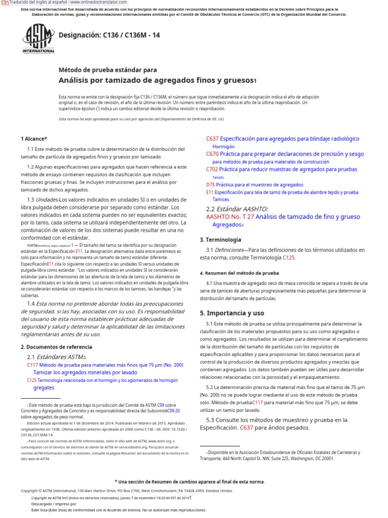 Astm C136-14 - Granulometría de Agregado Fino y Grueso Por Tamizado | PDF | Hormigón | Masa