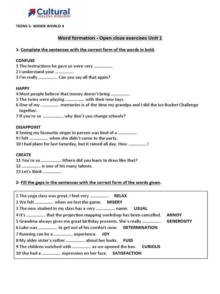Word Formation - Open Cloze Exercises Unit 1 | PDF