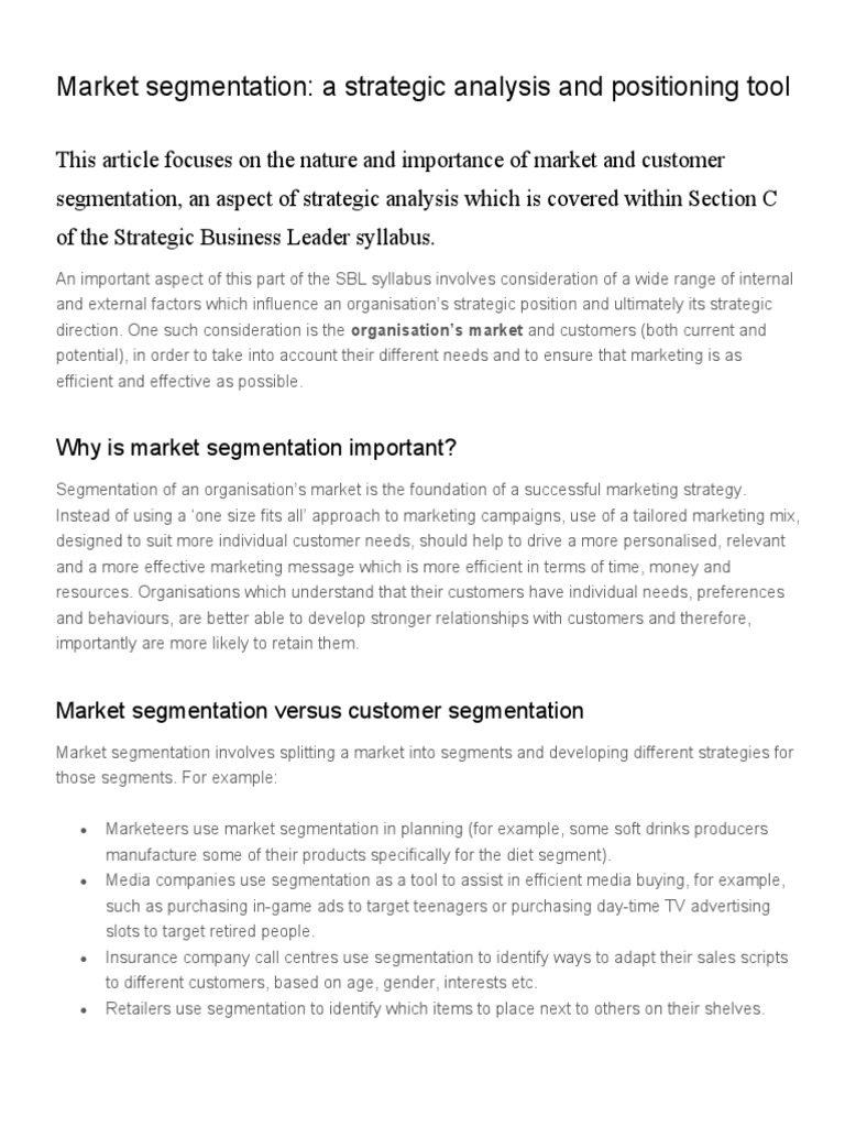 Market Segmentation; Strategic analysis and positioning tool | PDF ...