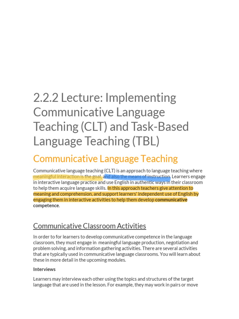 2.2.2 Lecture: Implementing Communicative Language Teaching (CLT) and ...