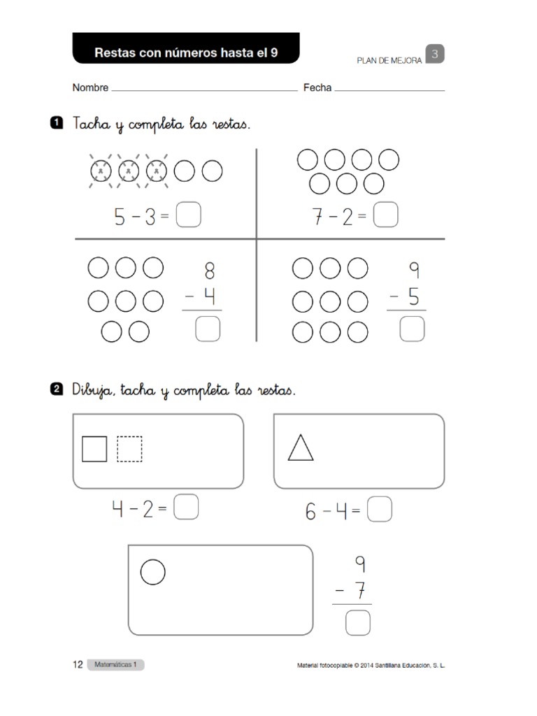 Restas Con Números Hasta El 9 | PDF