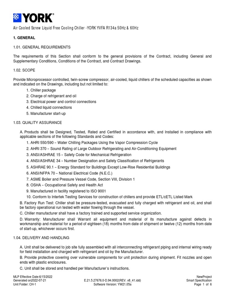 Air Cooled Screw Liquid Free Cooling Chiller - YORK YVFA R134a 50Hz ...