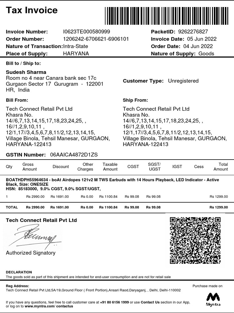 Tax Invoice for boAt Airdopes Purchase | PDF | Public Finance | Payments