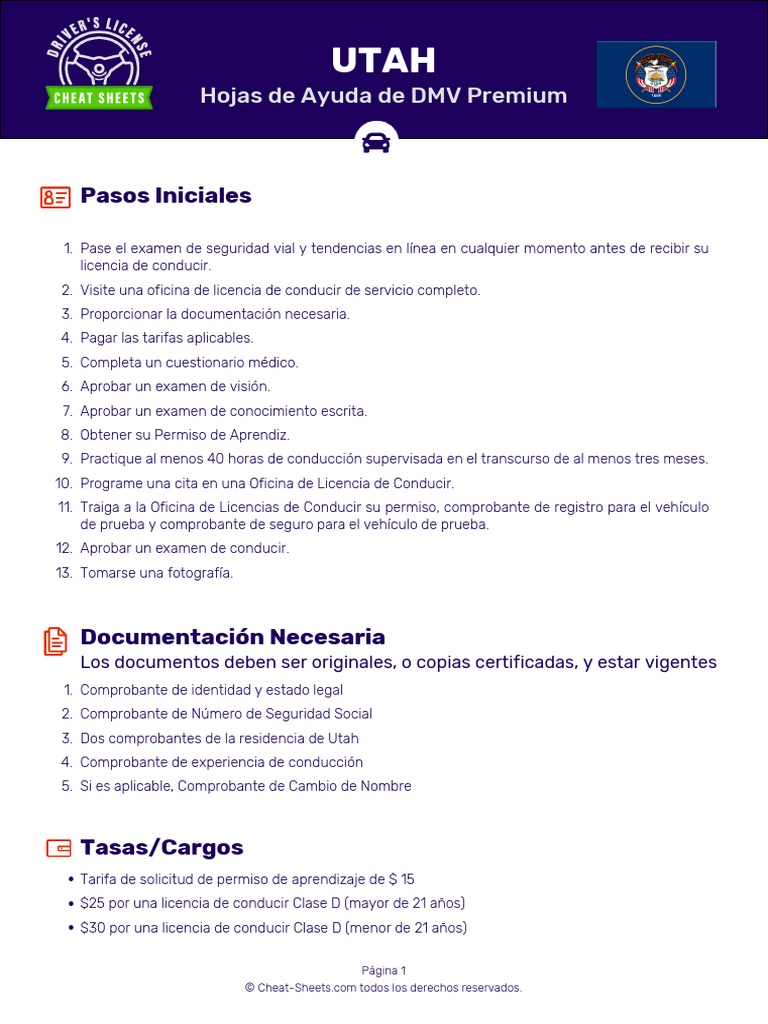 DMV Cheat Sheet Utah Es Auto Premium | PDF | Semáforo | Licencia de ...