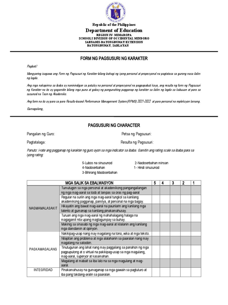 Form NG Pagsusuri NG Karakter | PDF