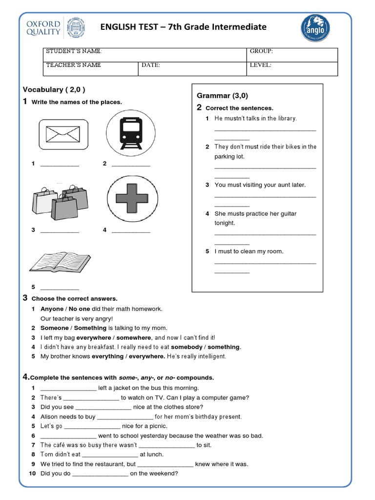 ENGLISH TEST - 7th Grade Intermediate: Vocabulary (2,0) Grammar (3,0) | PDF