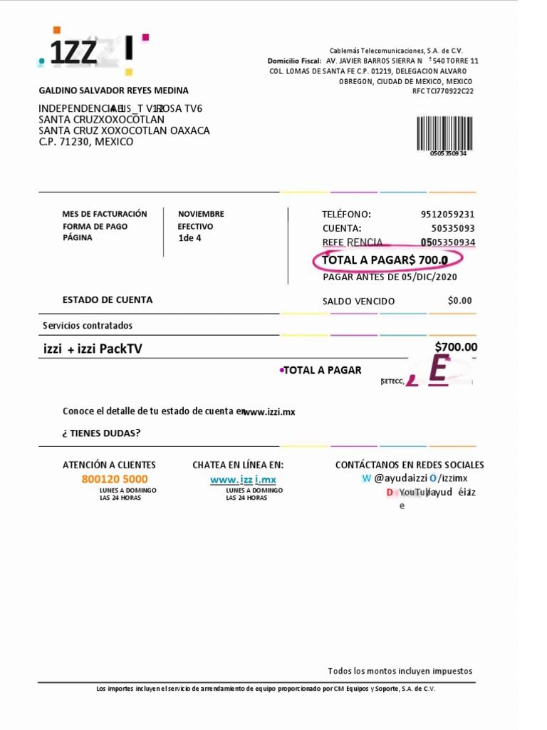 Recibo Izzi Actualizado PDF | PDF | Telecomunicaciones | Industrias de servicio