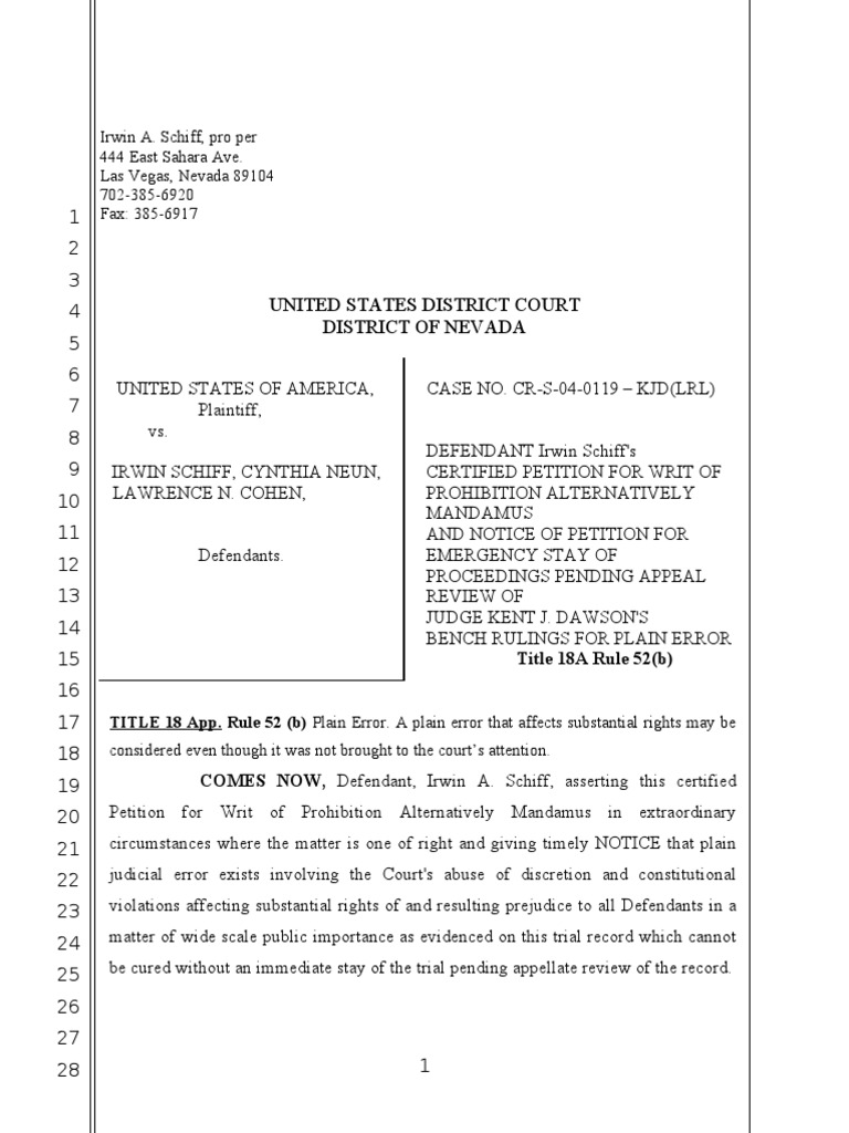 Petition for Writ of Prohibition Mandamus Stay Pending Appeal Rule 52 b ...