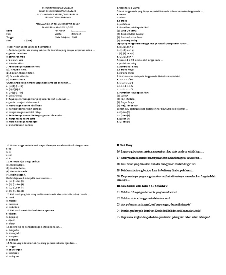 Soal SBDP Kelas 5 Semester 2 | PDF