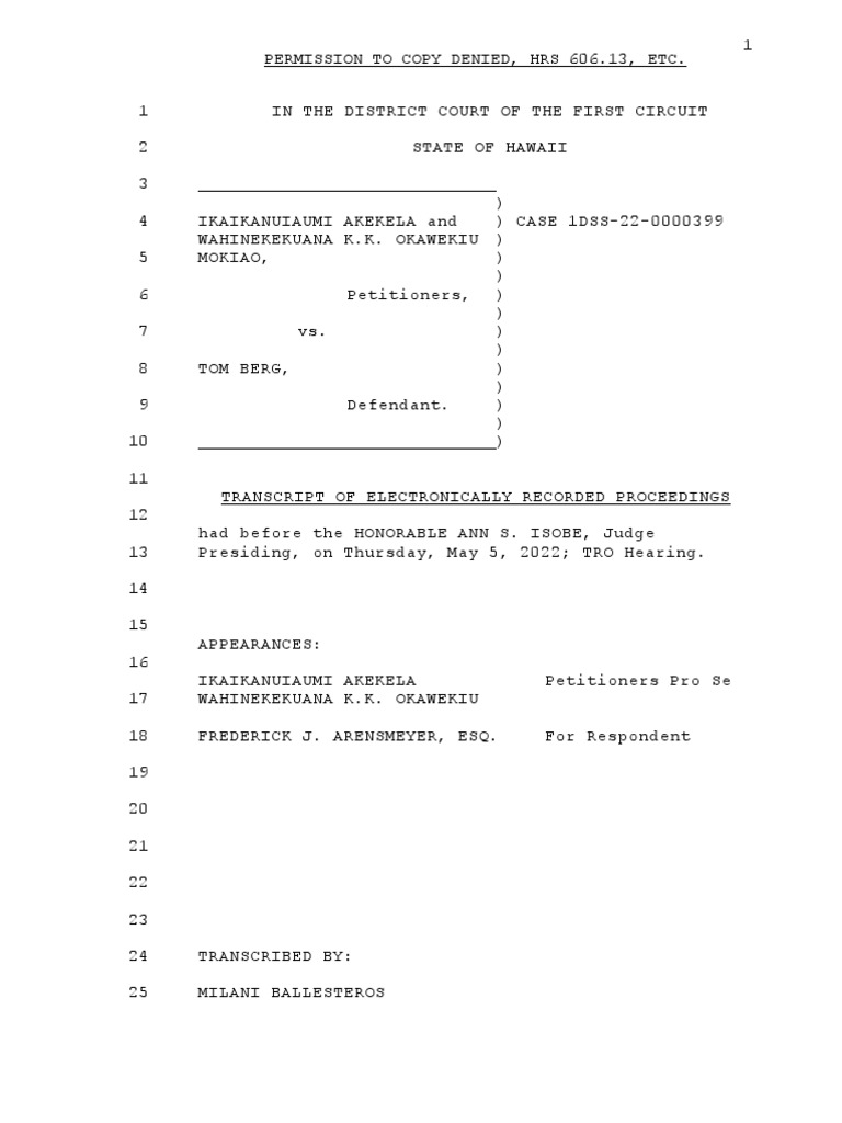 Transcript of Hearing On Application For A Restraining Order Against ...